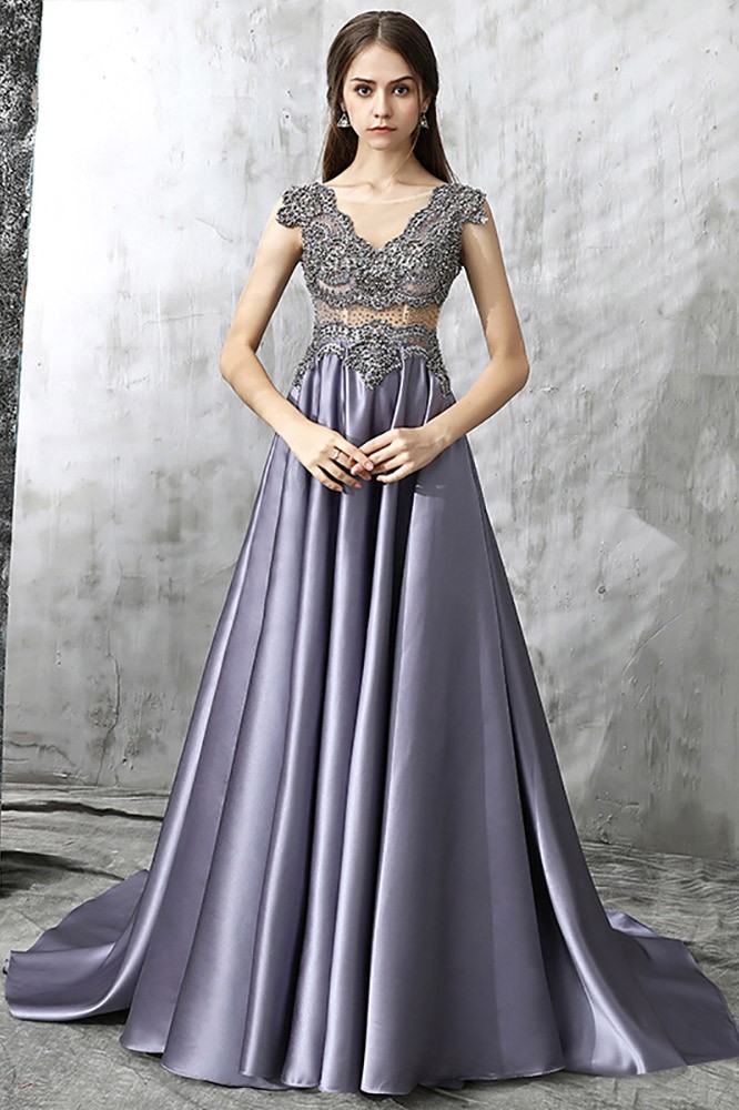 Exotic Beaded Pleated Purple Long Prom Dress Vneck With Train #DM69108 ...