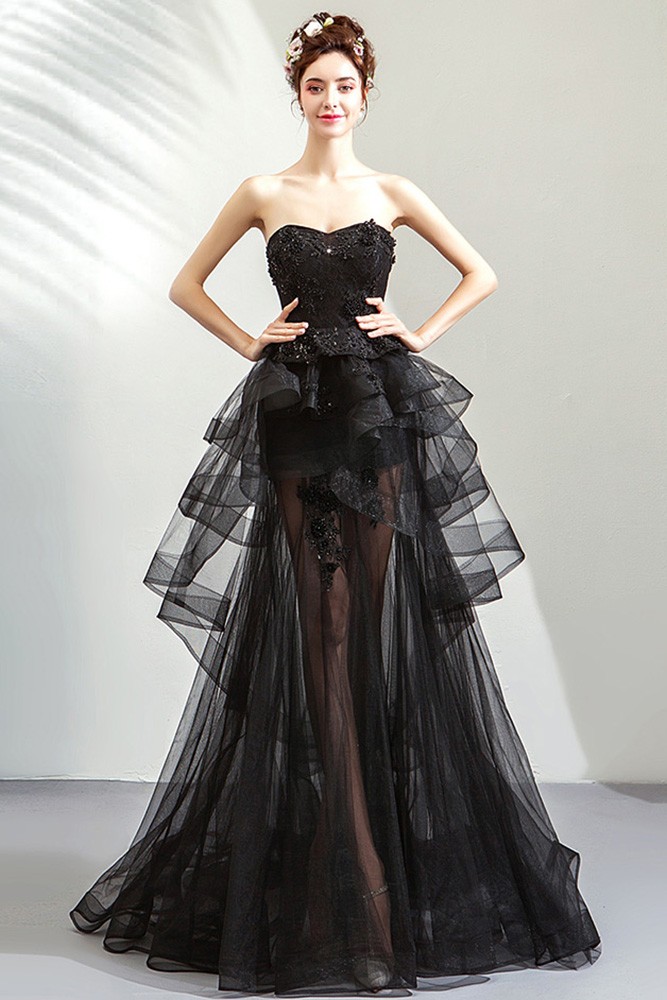 Mistery Black High Low Tulle Prom Party Dress With Ruffles Strapless ...