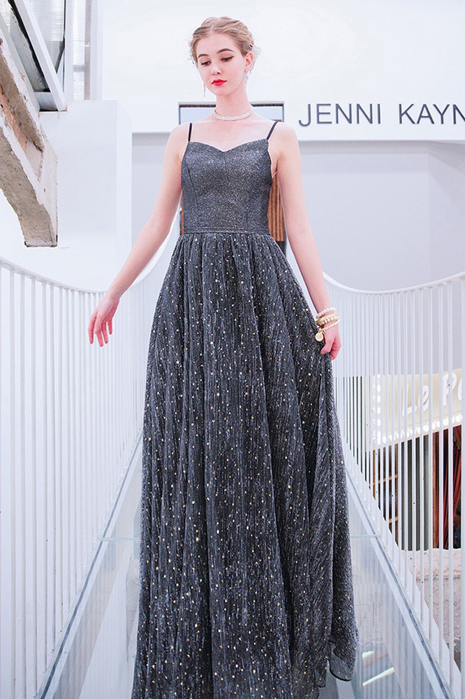 Shining Sequins Dark Grey Party Dress With Bling Spaghetti Straps ...
