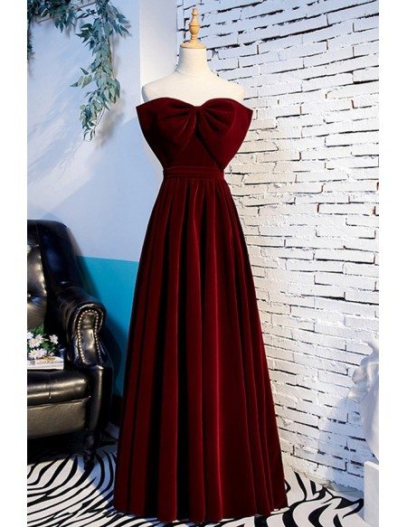 big bow front strapless long velvet dark red party dress #MYX68067 ...