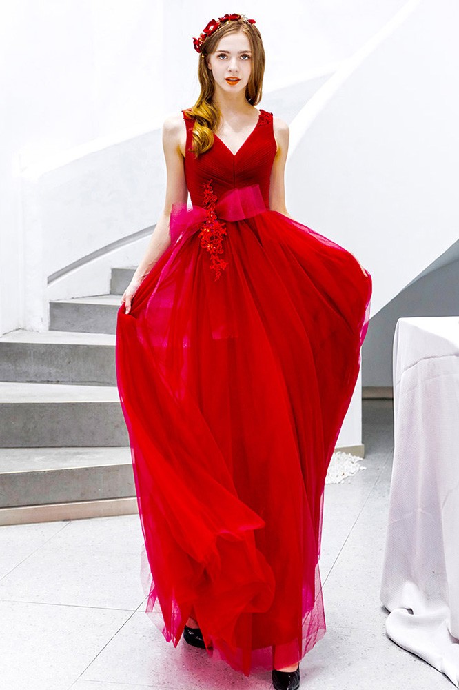 Big Bow Front Vneck Long Red Party Dress Sleeveless Wholesale #T78053 ...