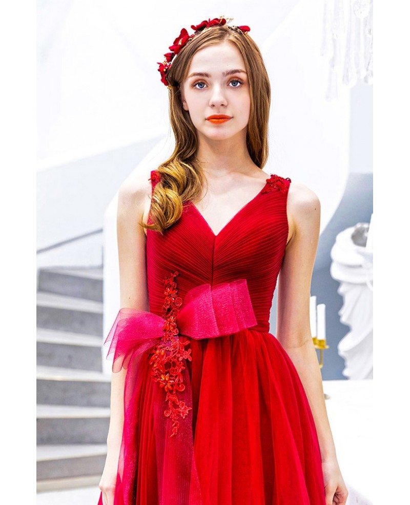Big Bow Front Vneck Long Red Party Dress Sleeveless Wholesale #T78053 ...