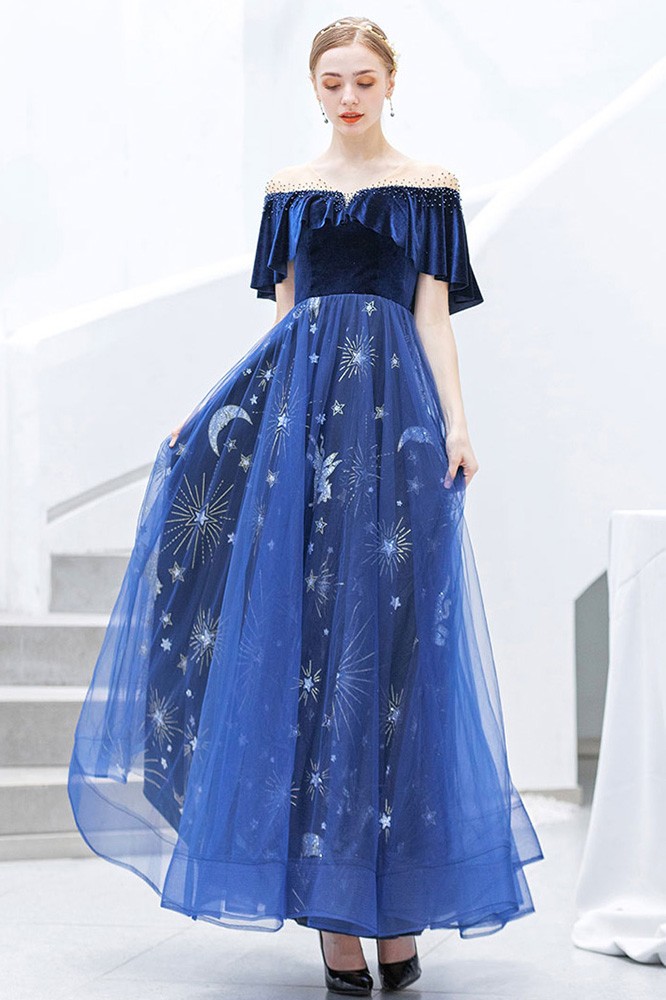 Royal Blue Shining Star Prom Party Dress With Off Shoulder Sleeves ...