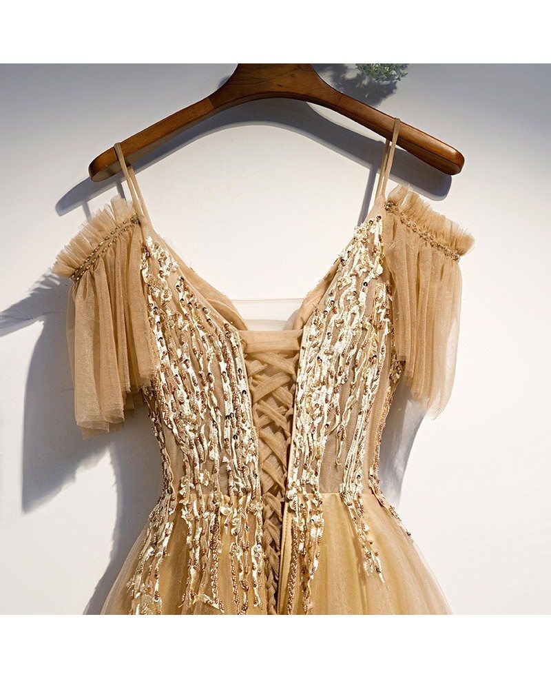 long gold tulle aline prom dress with tulle sleeves straps #MYX79094 ...