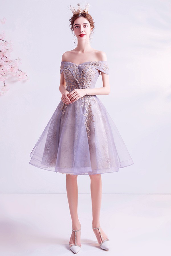 Pretty Short Purple Prom Dress Off Shoulder With Embroidery Wholesale # ...