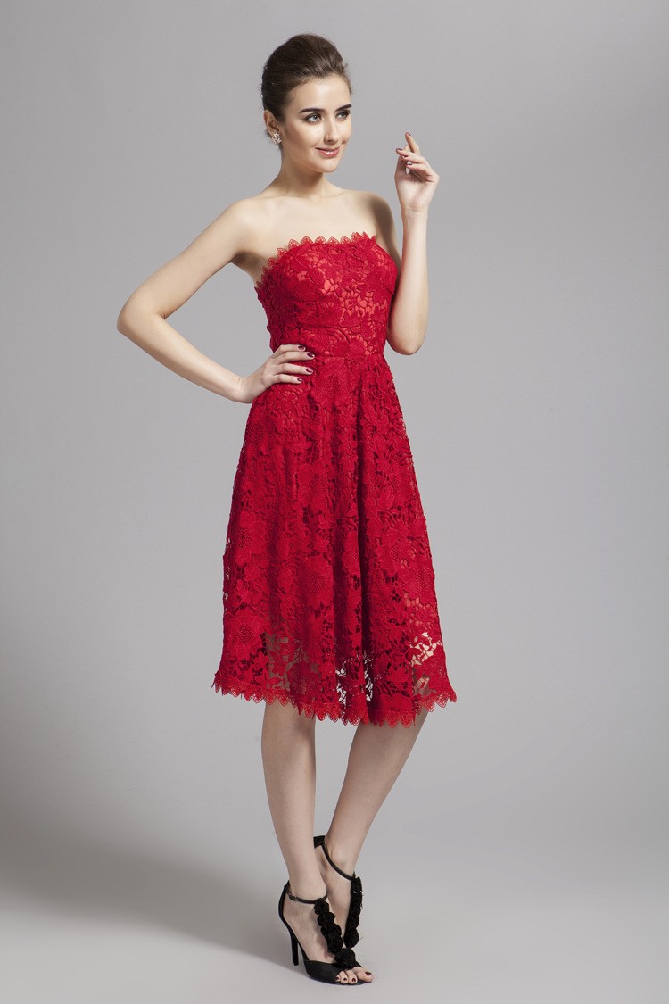 Hot Red Strapless Lace Ankle Length Short Dress #DK79 $96 - GemGrace.com