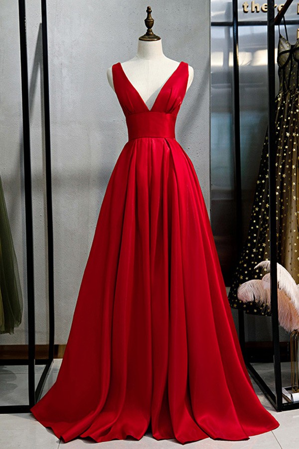 pleated vneck formal red prom dress with vback #MYX79060 - GemGrace.com