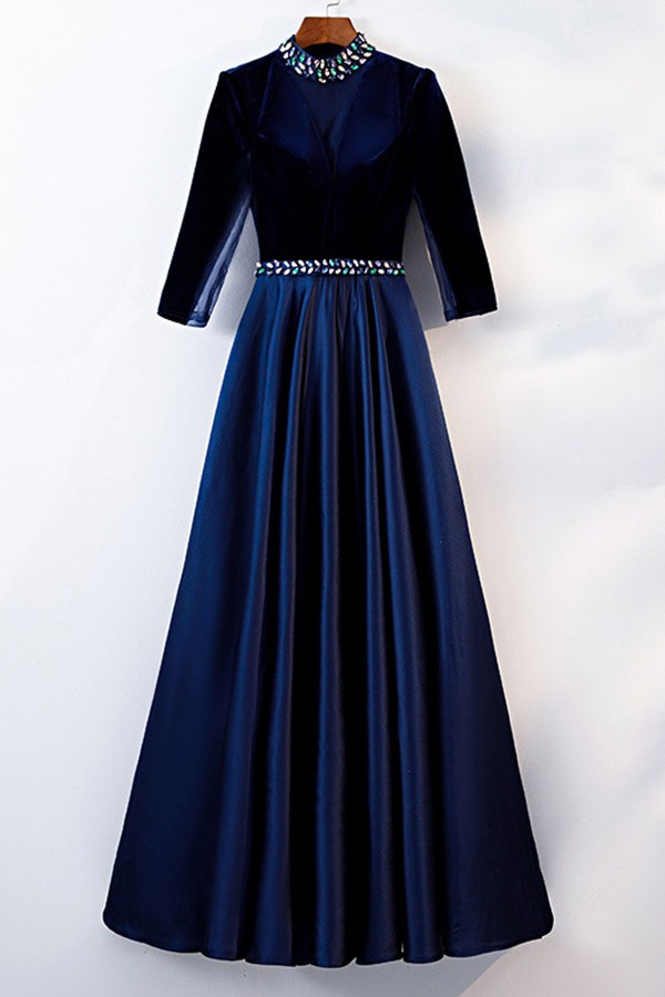 modest beaded collar long aline blue formal dress with sleeves # ...