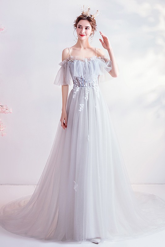 Gorgeous Dusty Blue Long Train Prom Dress With Straps Train Wholesale # ...