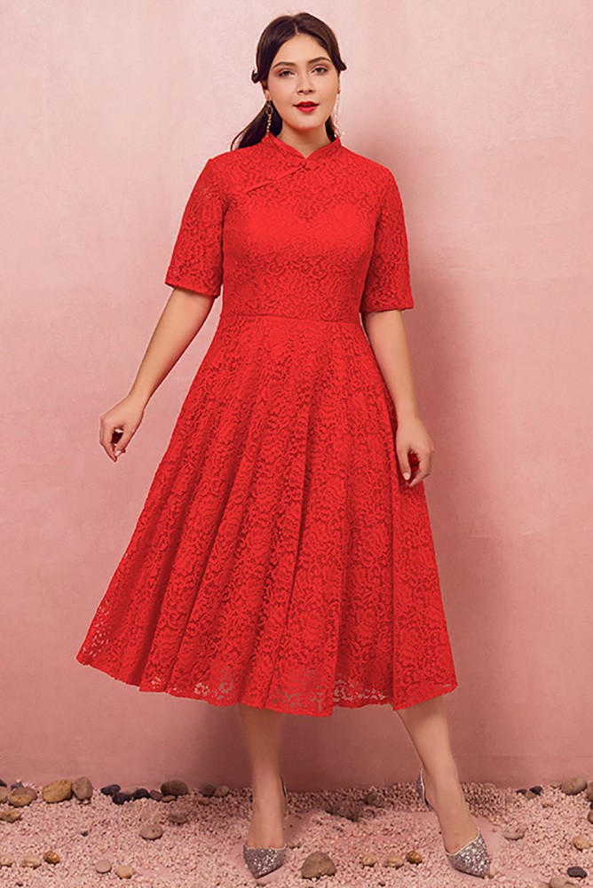 Custom Red Lace Modest Mid Length Wedding Party Dress with Collar Short ...