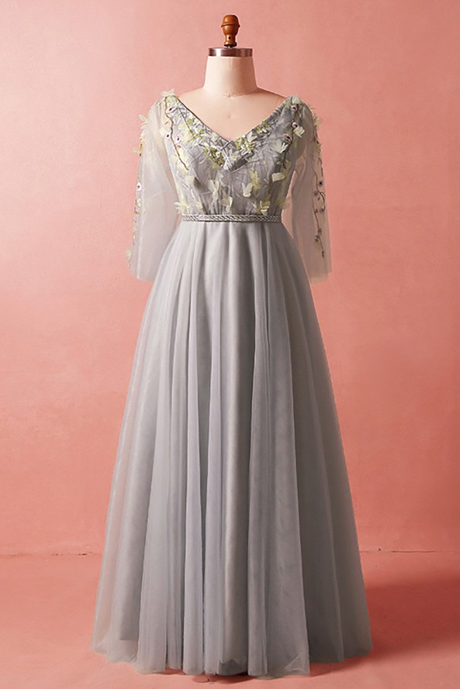 Custom Elegant Grey Vneck Formal Party Dress with Petals Tulle Sleeves ...
