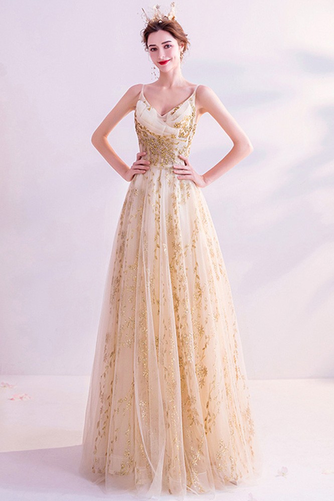 Formal Long Gold Aline Prom Dress With Spaghetti Straps Wholesale # ...