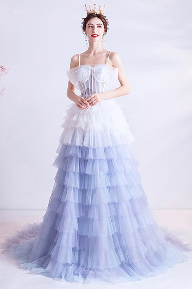 Unique Ombre Blue White Tutus Prom Dress Princess With Long Train ...