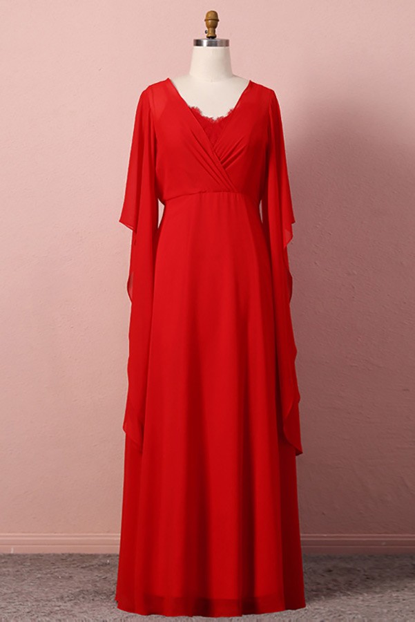 Custom Classy Flowy Chiffon Red Wedding Party Dress With Cape Sleeves ...
