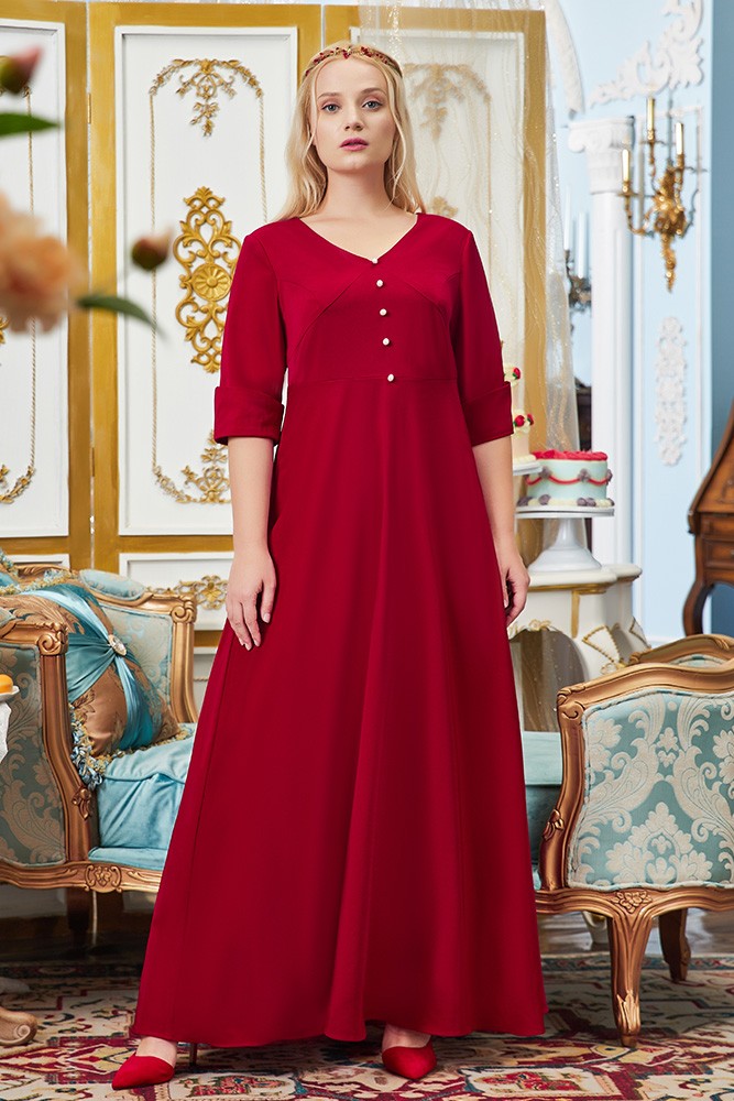 Retro Romantic Burgundy Long Formal Party Dress Vneck with Half Sleeves ...