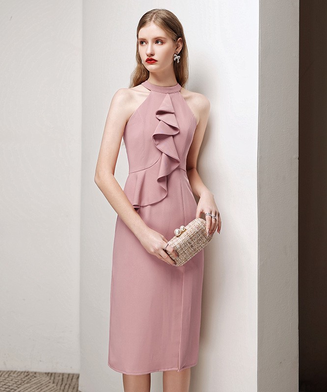 Sheath Pink Short Halter Party Dress with Split Ruffles HTX96009 ...