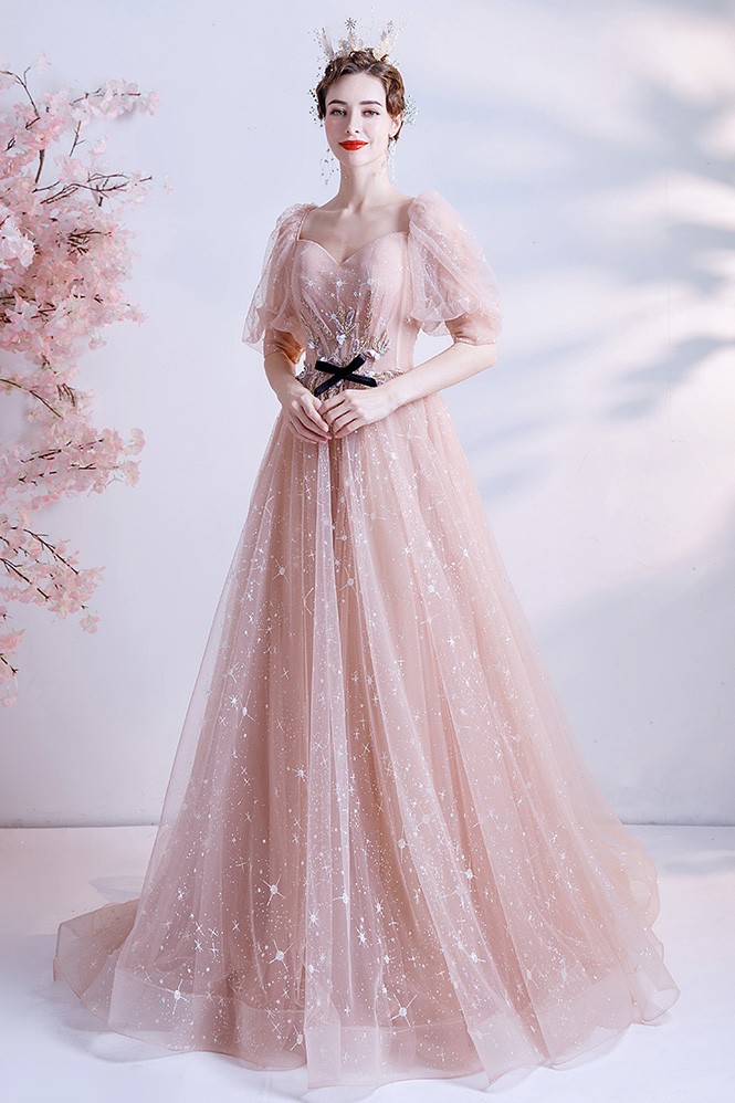 Cute Pink Bling Stars Sweetheart Prom Dress with Bubble Sleeves ...