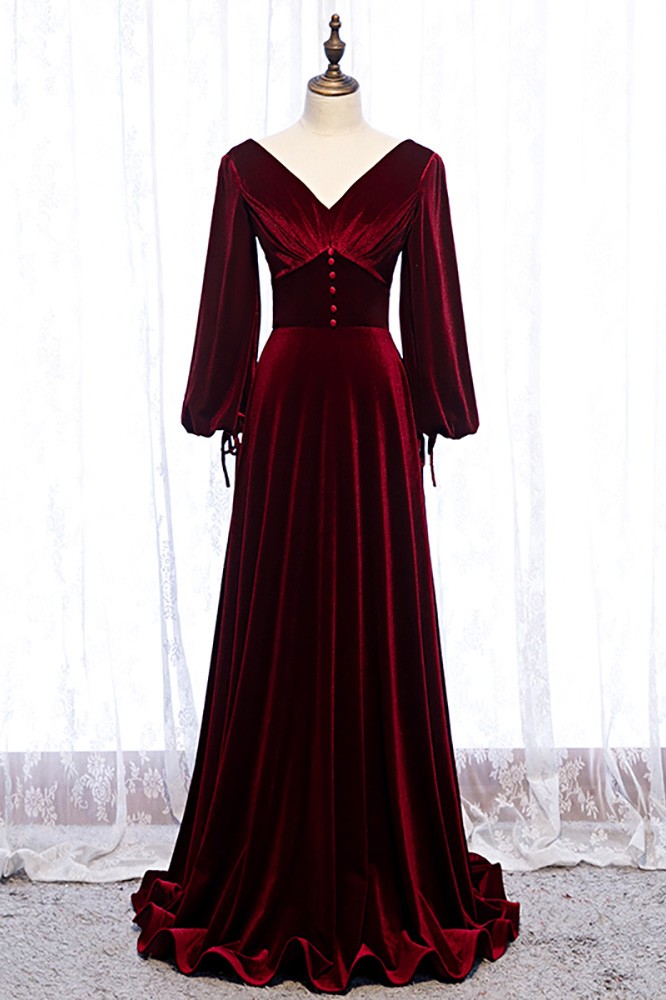 Dark Red Velvet Vneck Evening Dress with Lantern Long Sleeves MX16060 ...