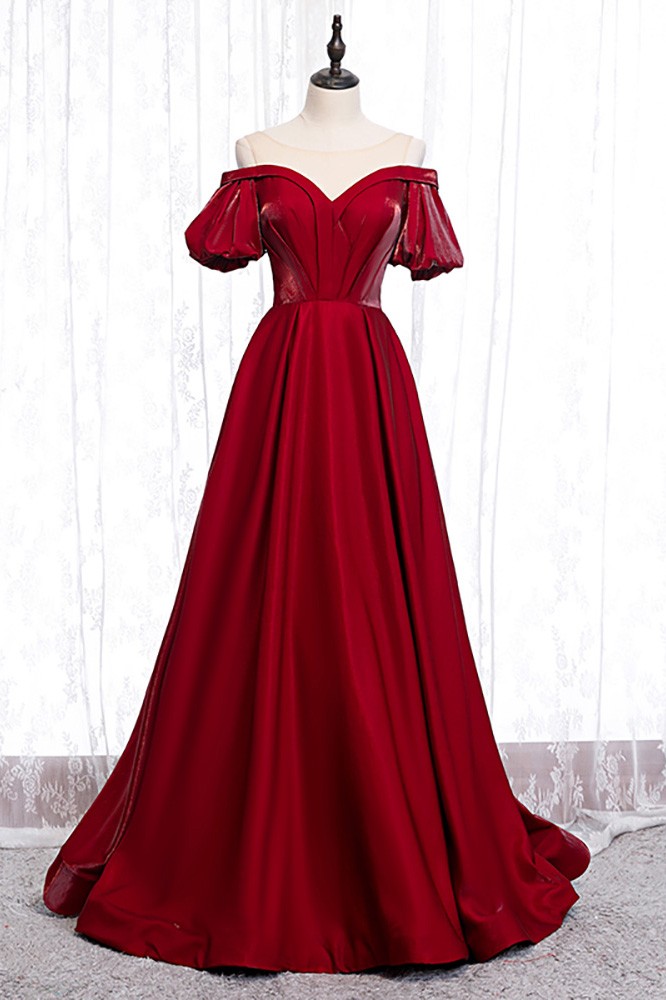 Pleated Burgundy Formal Dress with Illusion Neckline Sleeves MX16034 ...
