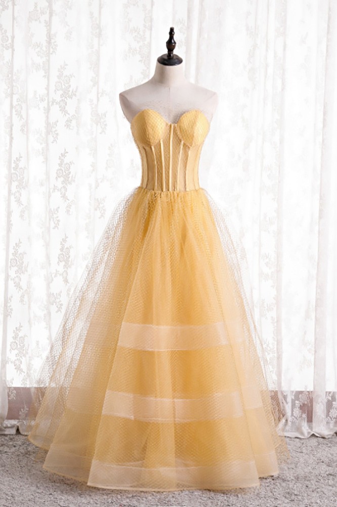 Yellow Mesh Tulle Ballgown Corset Prom Dress Strapless MX16121 ...