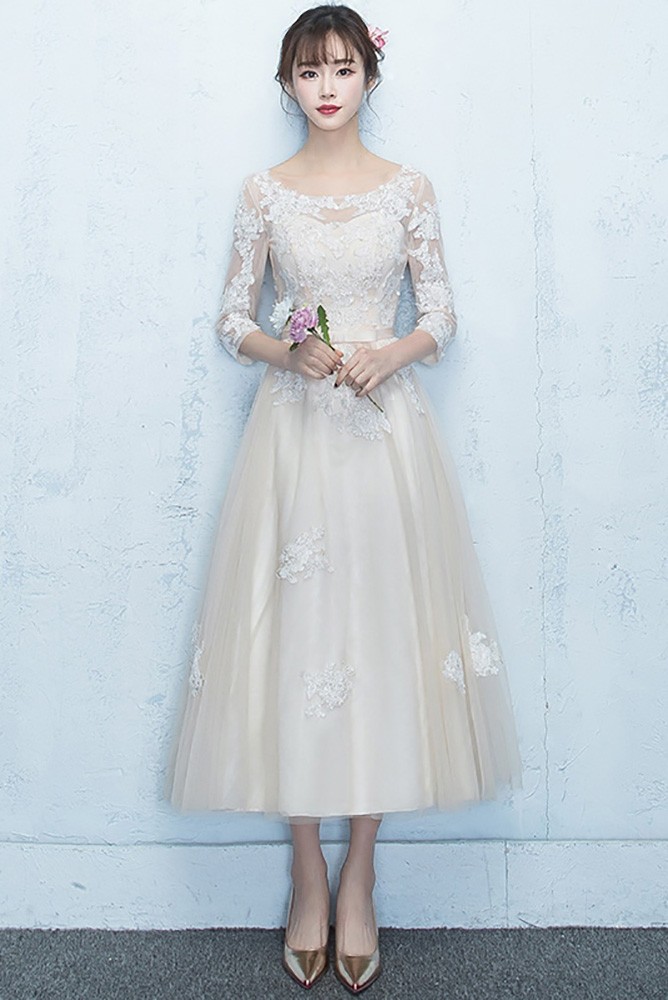 Champagne Modest Tea Length Party Dress with Appliques Lace Sleeves ...