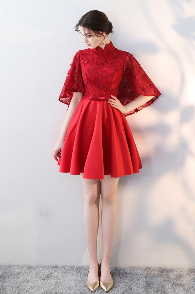 Red Short Formal Party Dress Flowers with Dolman Sleeves Collar G80032 ...