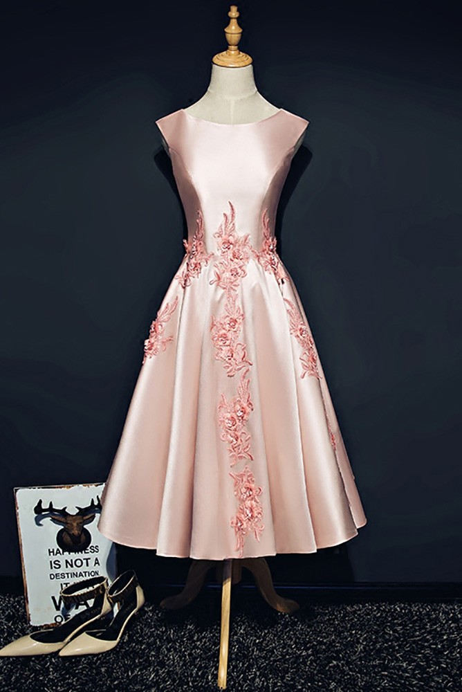 Pink Satin Tea Length Formal Party Dress Sleeveless with Appliques ...