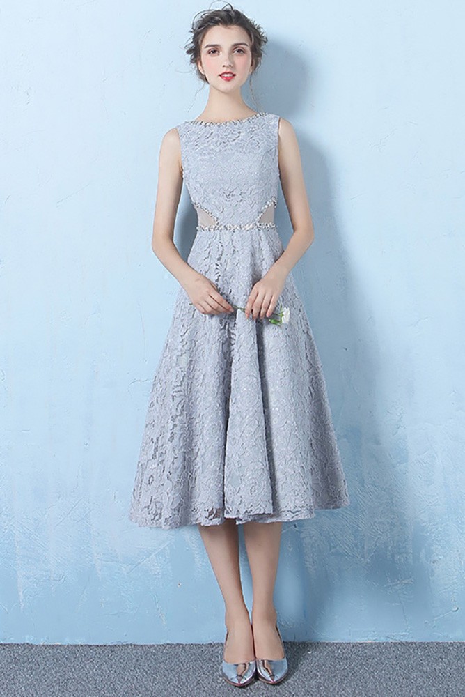 Blue Tea Length Lace Homecoming Party Dress with Cutout Beaded Neckline ...