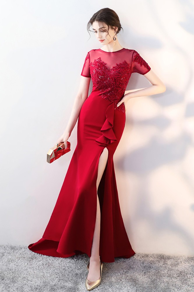 Burgundy Fitted Side Split Evening Dress with Illusion Short Sleeves ...