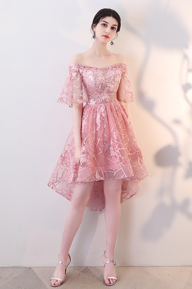 Gorgeous Pink Off Shoulder Hoco Dress High Low with Sleeves G80042 ...