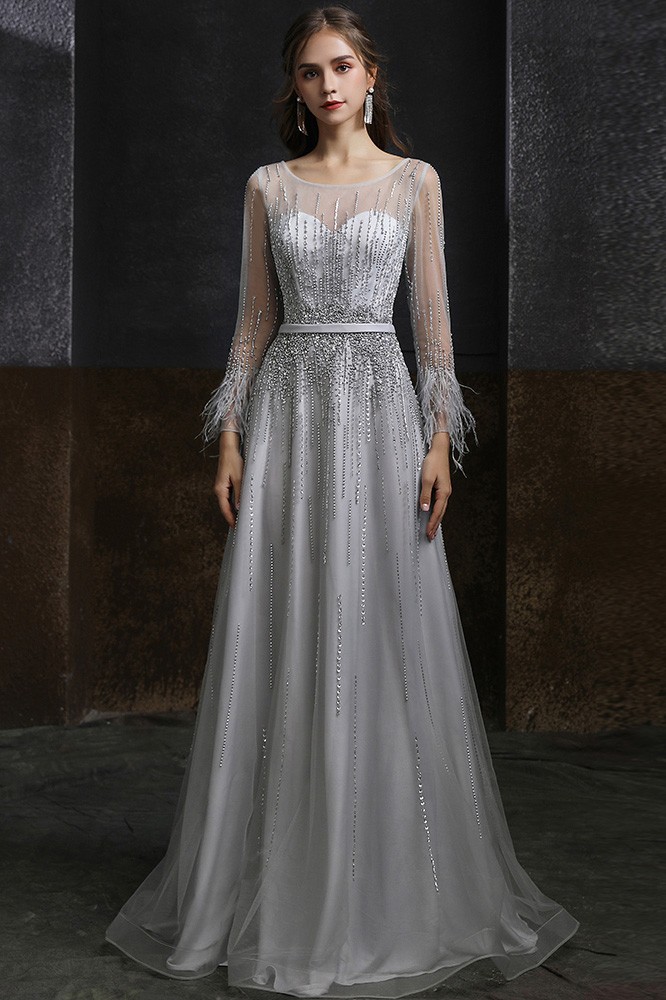 Elegant Illusion Long Sleeved Luxury Long Grey Prom Dress with Sequins ...