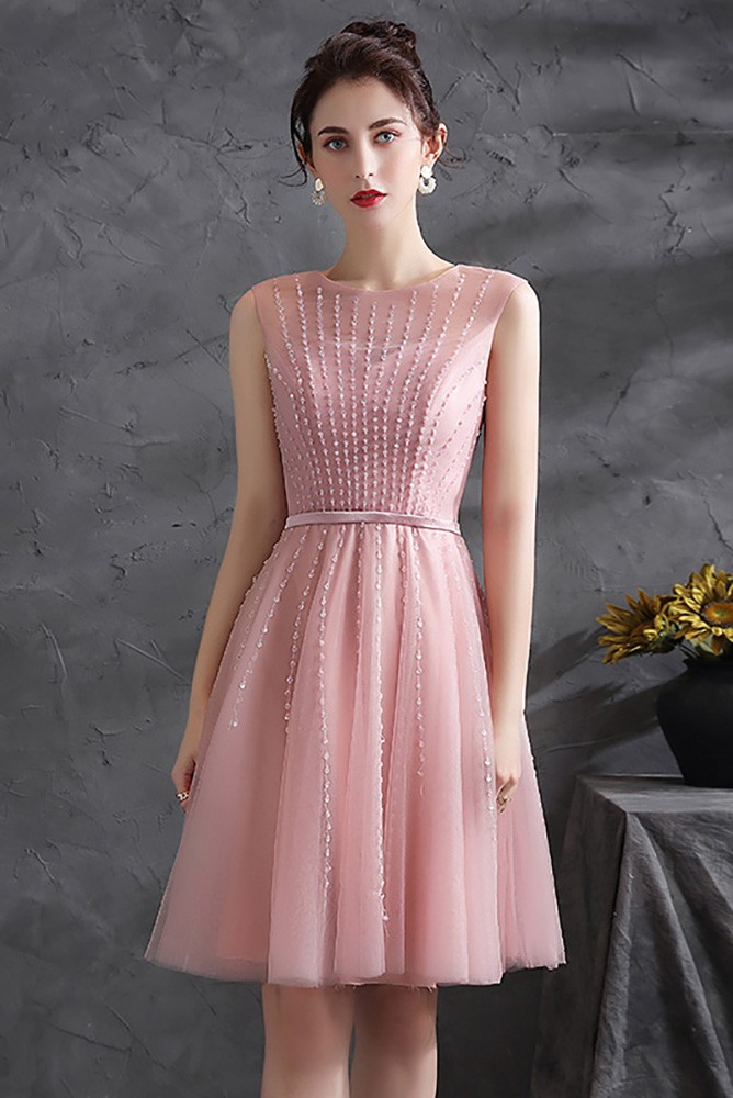 Sequined Round Neck Short Tulle Homecoming Prom Dress Sleeveless ...