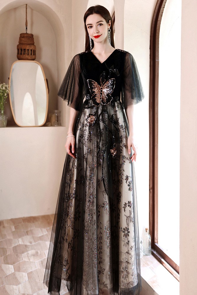 Long Black Modest Prom Dress Vneck with Sequined Butterfly Wholesale # ...