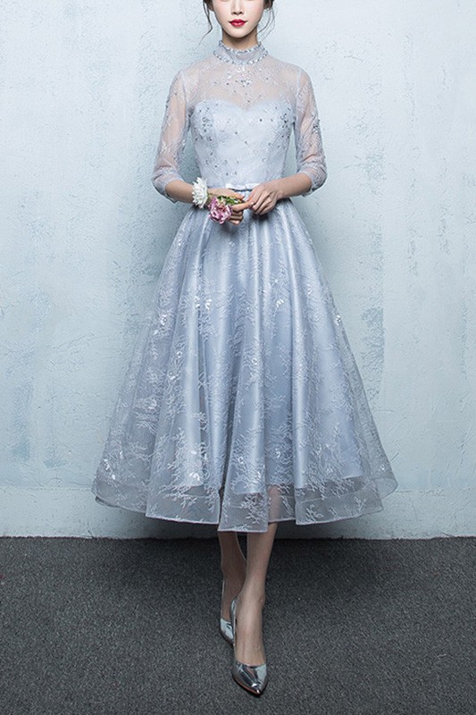 Elegant Grey Lace Tea Length Party Dress With High Neck #J1723 ...