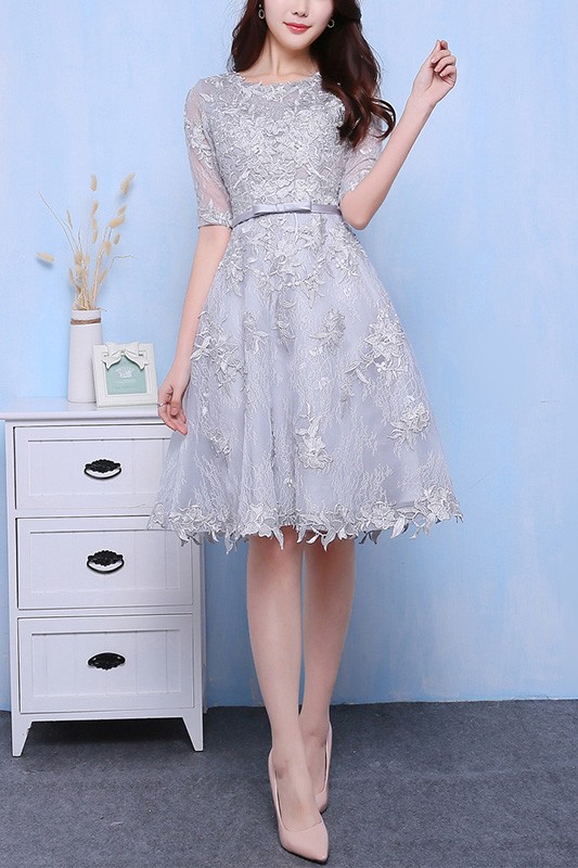 Modest Grey Appliques Homecoming Party Dress With Sleeves #J1746 ...