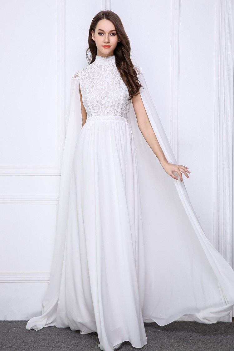 Elegant Goddess A-Line High Neck Lace Chiffon Evening Dress With Ruffle ...
