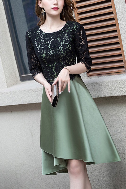 Modest Black Lace Short Hi Lo Homecoming Dress Half Sleeved #J1701 ...