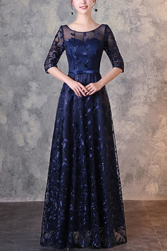 Leaf Pattern Navy Blue Elegant Formal Party Dress With Illusion ...