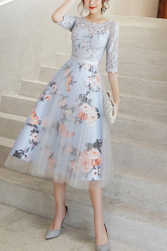 Black Lace Floral Prints Party Dress With Half Sleeves #J1474 ...
