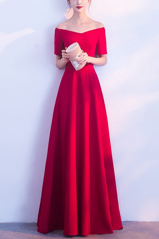 Slim Long Red Formal Dress Simple With Off Shoulder Sleeves #J1594 ...