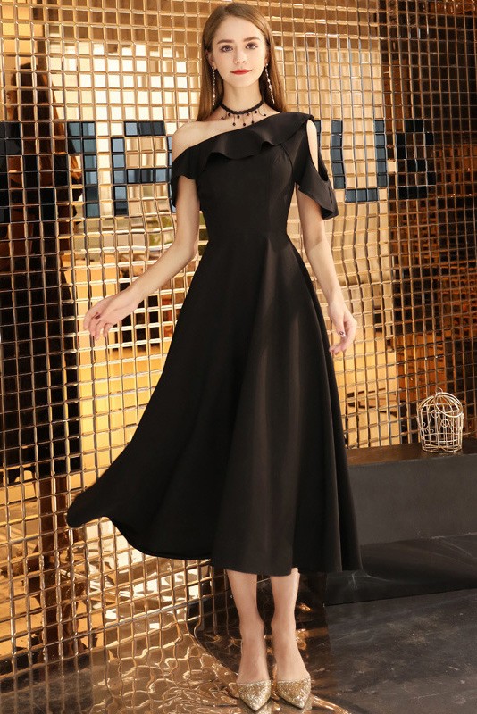 Elegant Tea Length Black Semi Formal Dress With Ruffles Shoulder #J1536 ...