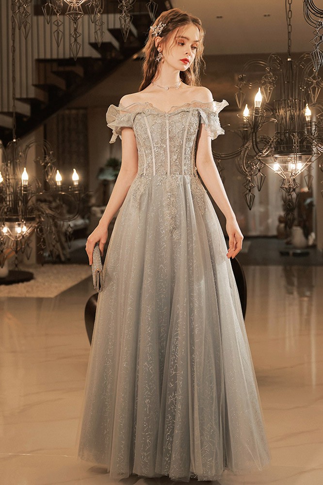 Shiny Sequin Long Grey Prom Dress With Off Shoulder Ruffles #T21008 ...
