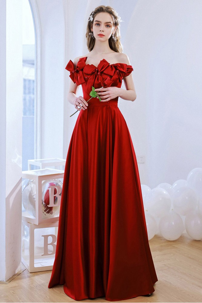 Elegant Red Satin Formal Evening Dress With Off Shoulder Bow Neck # ...