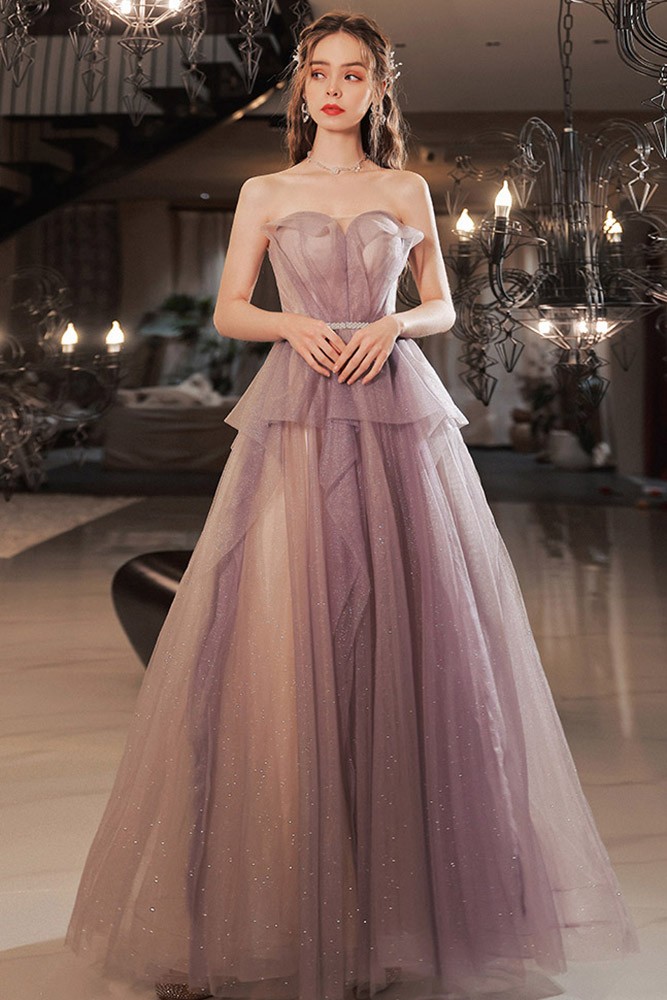 Strapless Long Tulle Purple Ruffle Prom Dress With Sash #T21028 ...