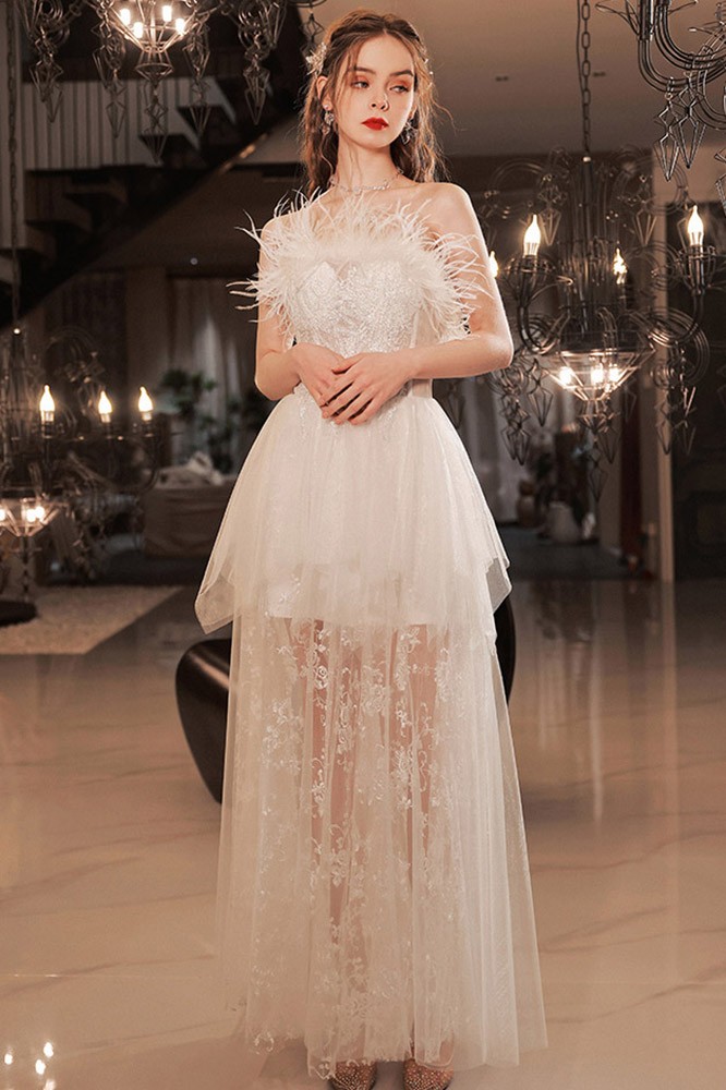 Strapless Long White Lace Tulle Wedding Party Dress With Feather ...