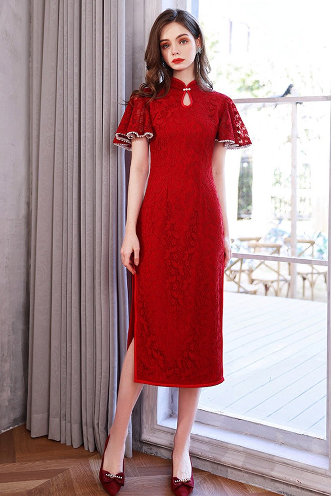 Retro Neck Lace Fitted Red Formal Party Dress With Beaded Flounced ...