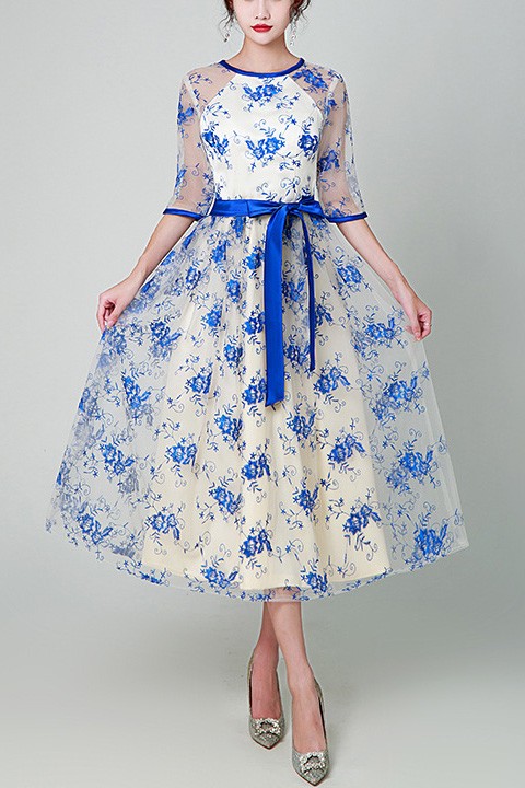 Retro Tea Length Blue Flowers Lace Party Dress With Sash #J1824 ...