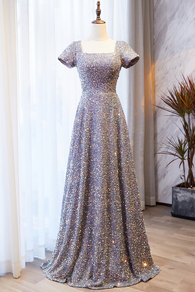 Modest Sequined Grey Long Formal Dress With Square Neckline #MX17109 ...