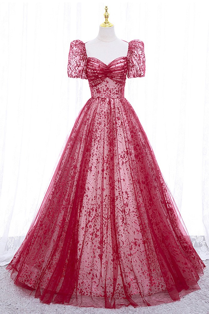 Burgundy Flowy Long Tulle Prom Dress With Sleeves Mx17042