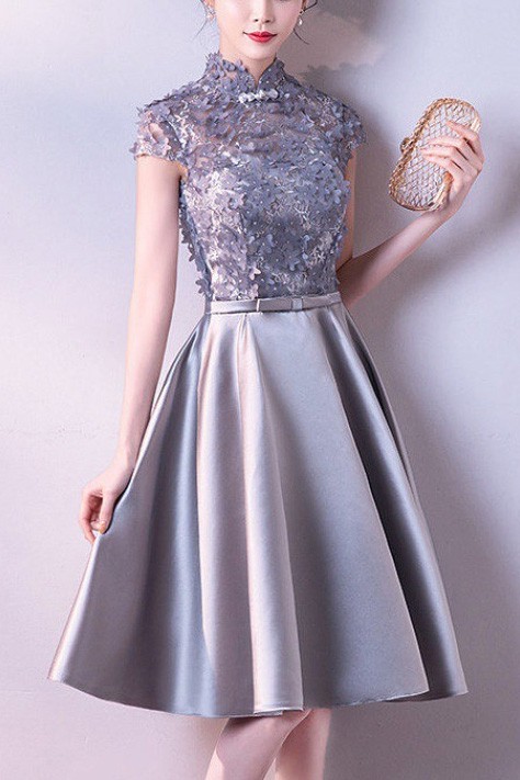 Elegant Aline Silver Satin Party Dress With Cap Sleeves #J1804 ...